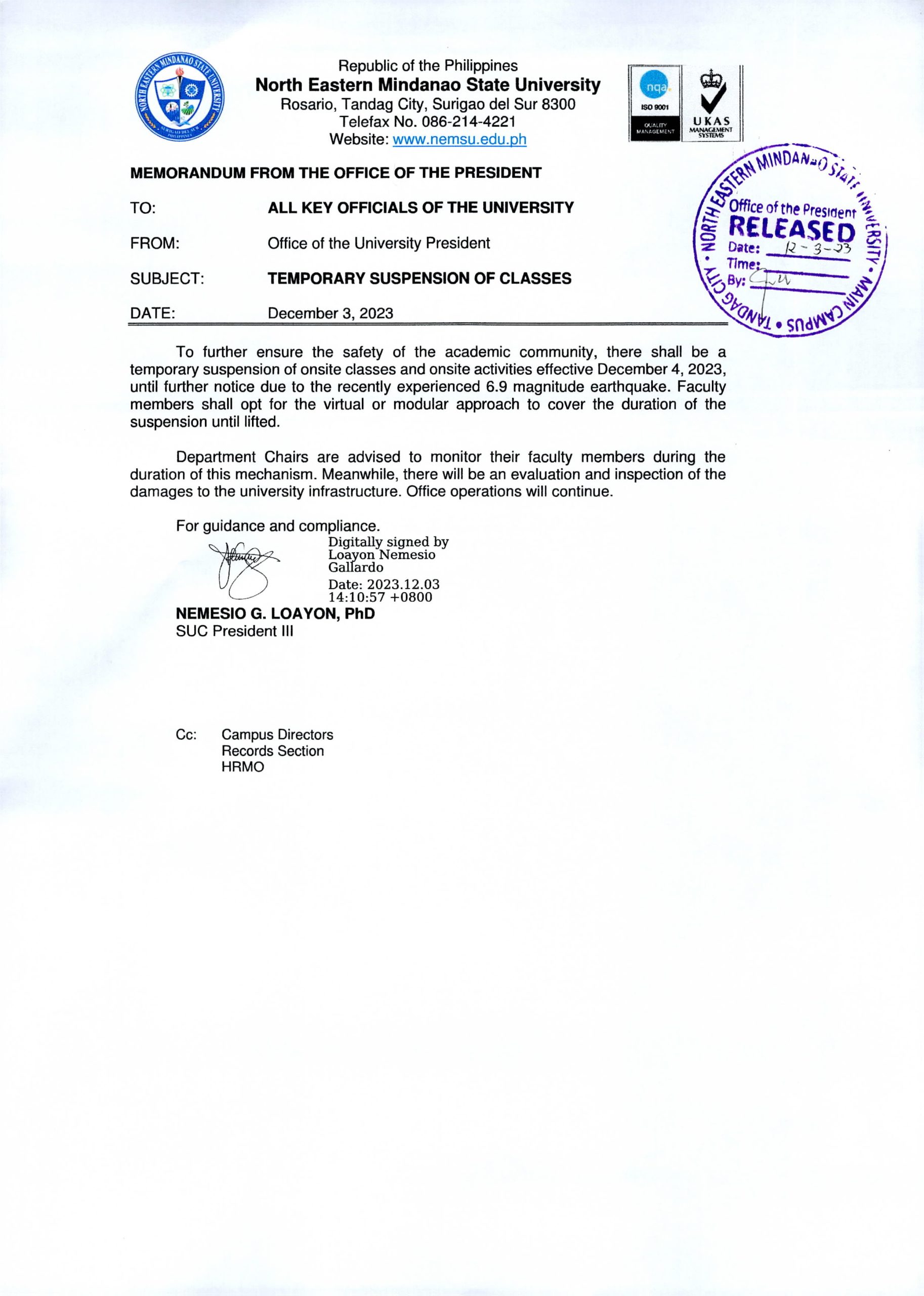 Unnumbered Memo: Temporary Suspension of Classes - North Eastern ...
