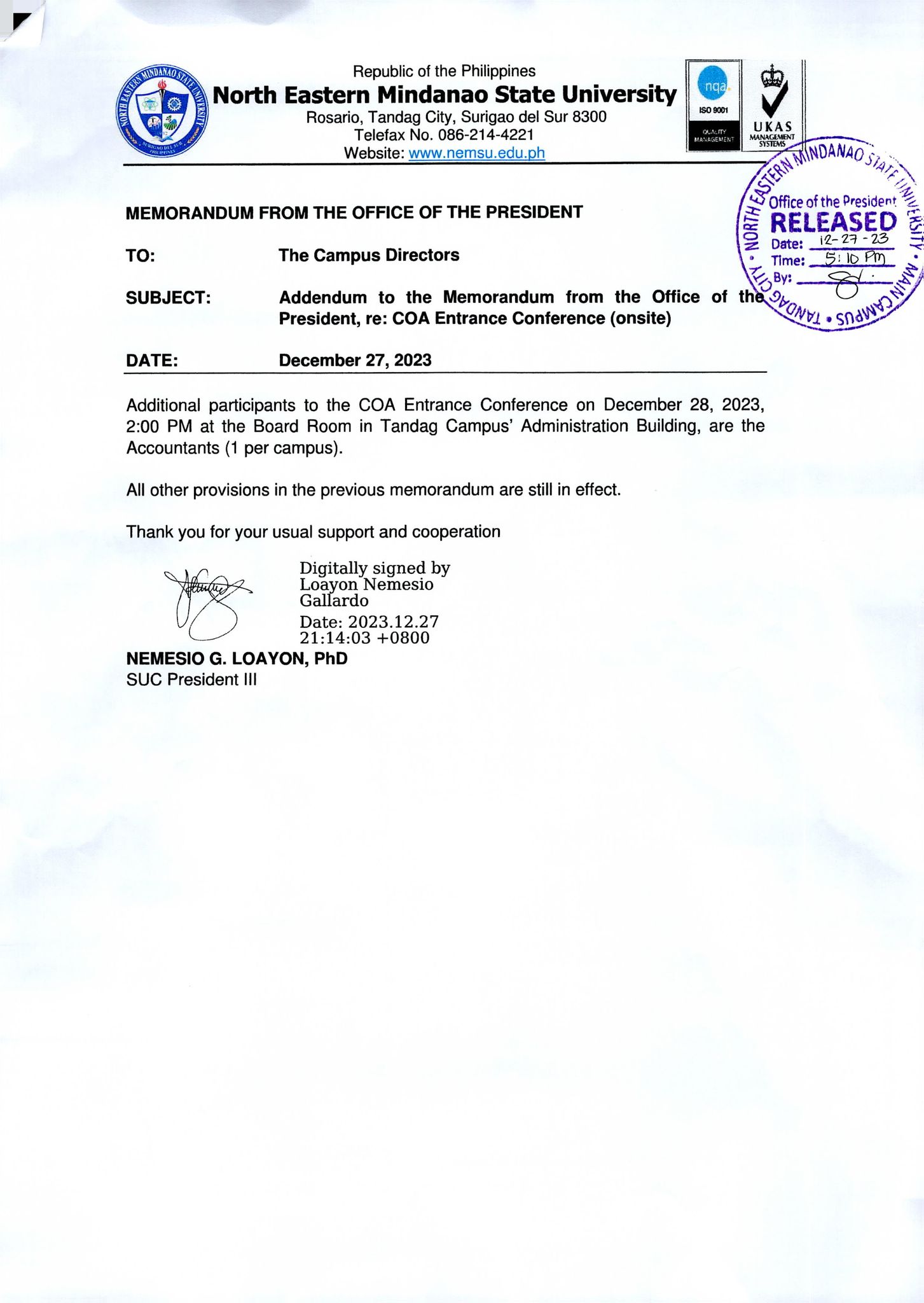Unnumbered Memo: Addendum to the Memorandum from the Office of the ...